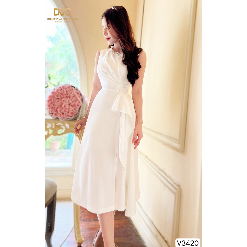 VÁY TRĂNG SÁT NÁCH CỔ ĐÍNH NGỌC XẺ TÀ V3420 -DVC | Shopee Việt Nam