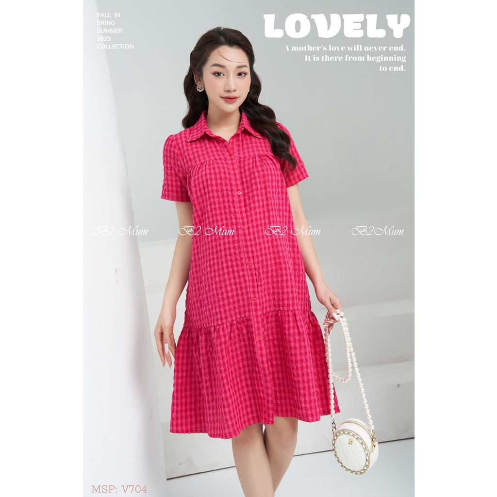 Váy bầu thiết kế Váy sơ mi kẻ V704 B2MUM | Shopee Việt Nam