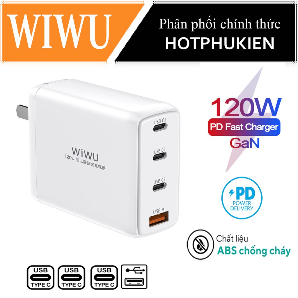 Adapter củ cóc sạc nhanh 120W đa năng 4 in 1 gồm 1 USB A và 3 PD Type-C hiệu WIWU Mini GaN Quick ...