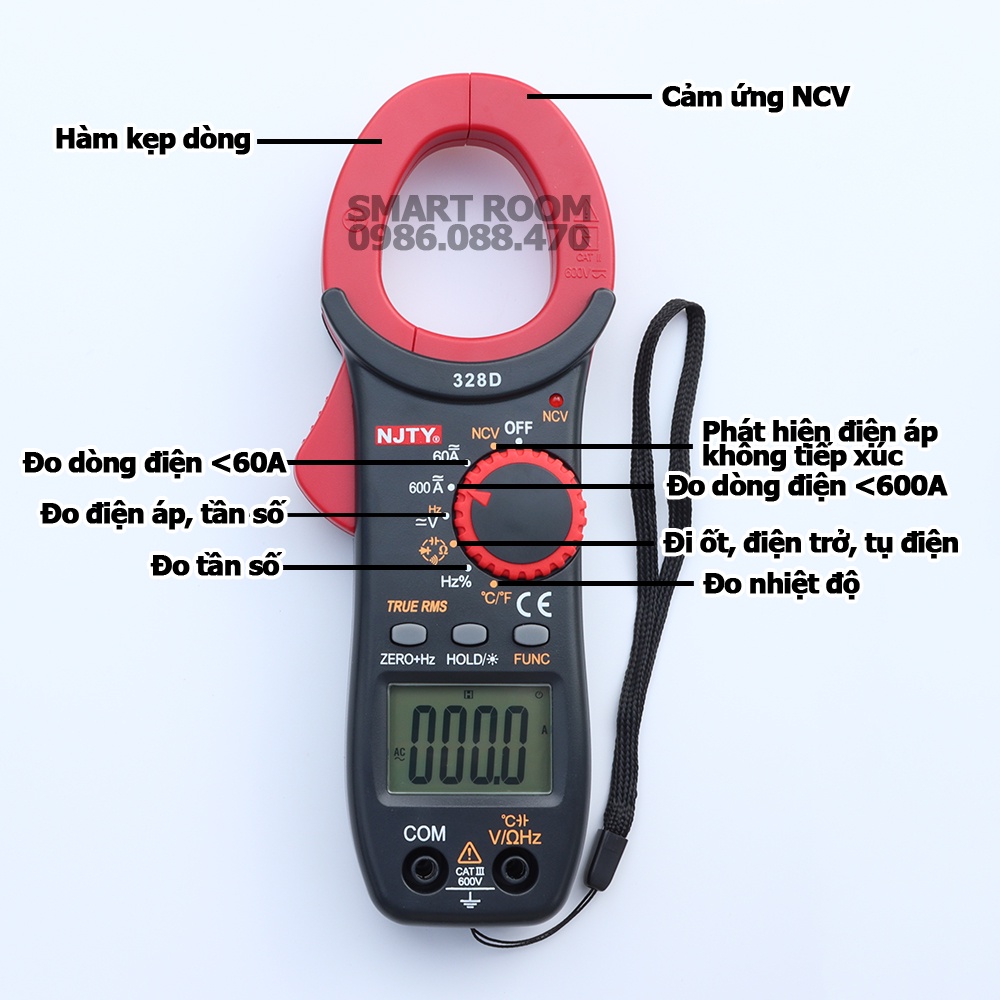 Ampe kìm 328D NJTY đồng hồ kẹp dòng AC và DC vạn năng đo tụ điện, diode, tần số, nhiệt độ, điện ...