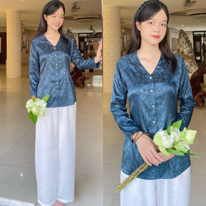 BÀ BA TIM GẤM Đồ lam đi chùa bà ba gấm cổ tim đủ màu | Shopee Việt Nam