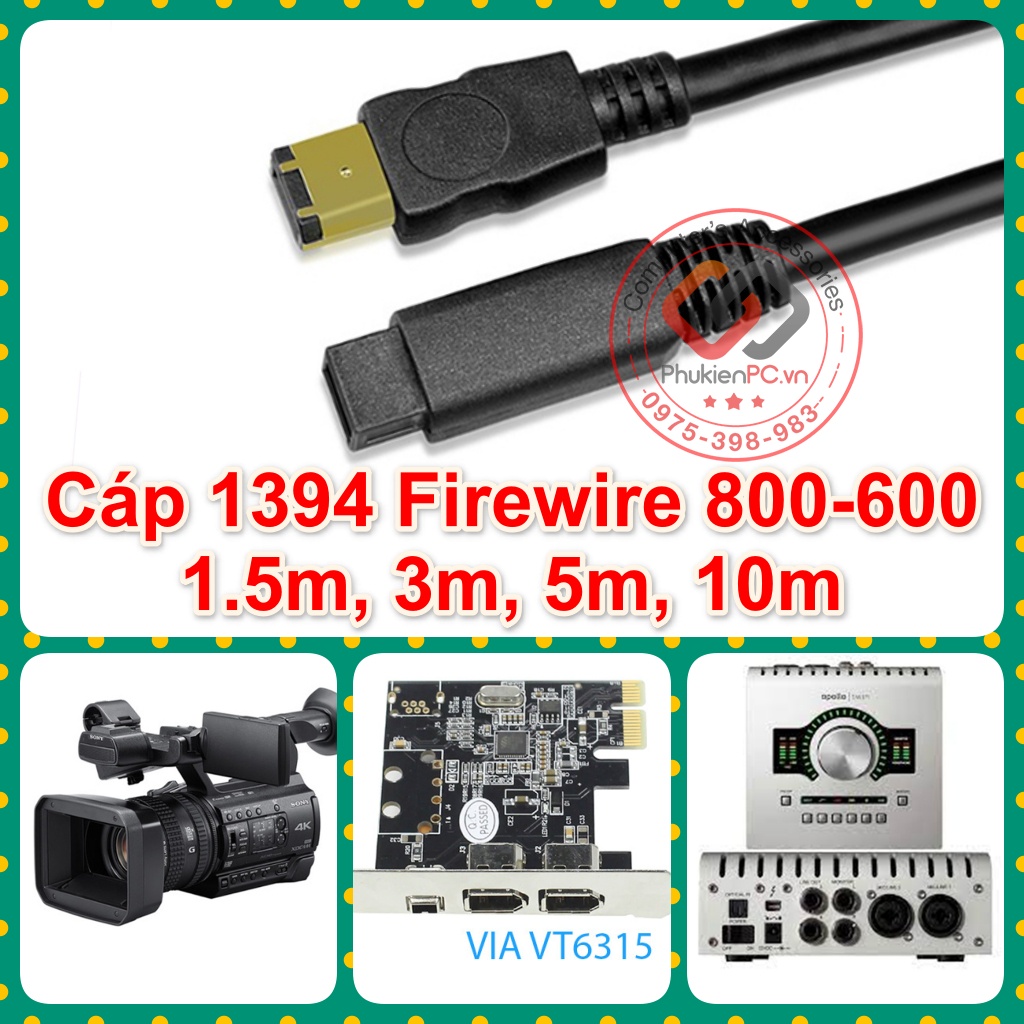 Cáp 1394 Firewire 800-600 nối Máy tính Laptop ra thiết bị thu âm, sound ...