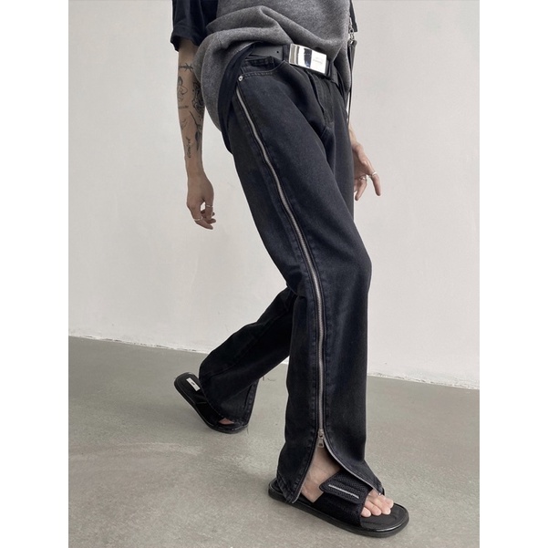Quần jeans nam màu đen dáng slim xẻ ống zip dài phong cách streetwear ...