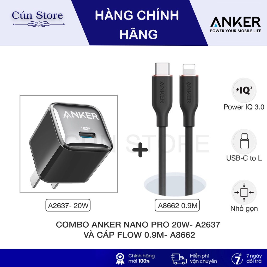 Bộ sạc nhanh Anker A2637 20W nano pro và Cáp A8662 C to L PowerLine III ...