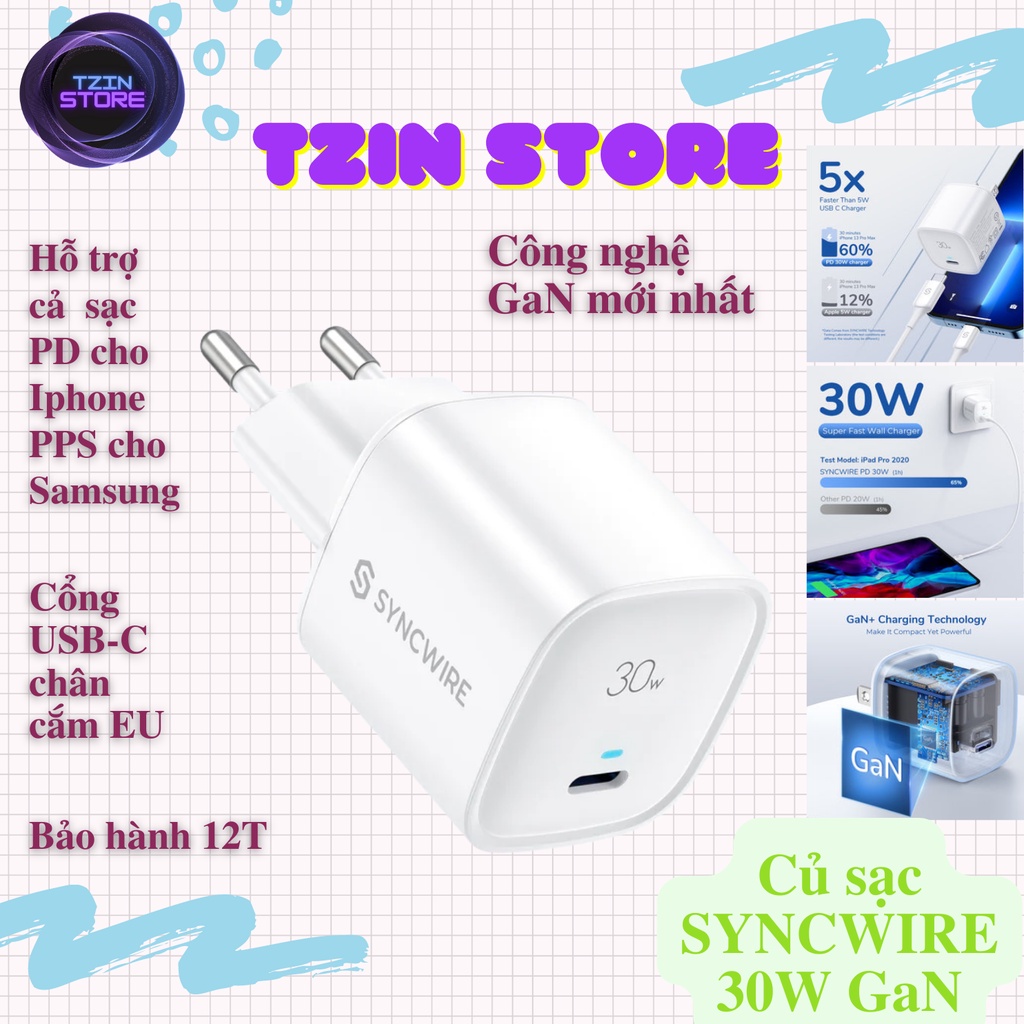 Củ sạc SYNCWIRE 30W PD, PPS công nghê GaN sạc siêu nhanh chất lượng tốt hàng Amazon fullbox ...