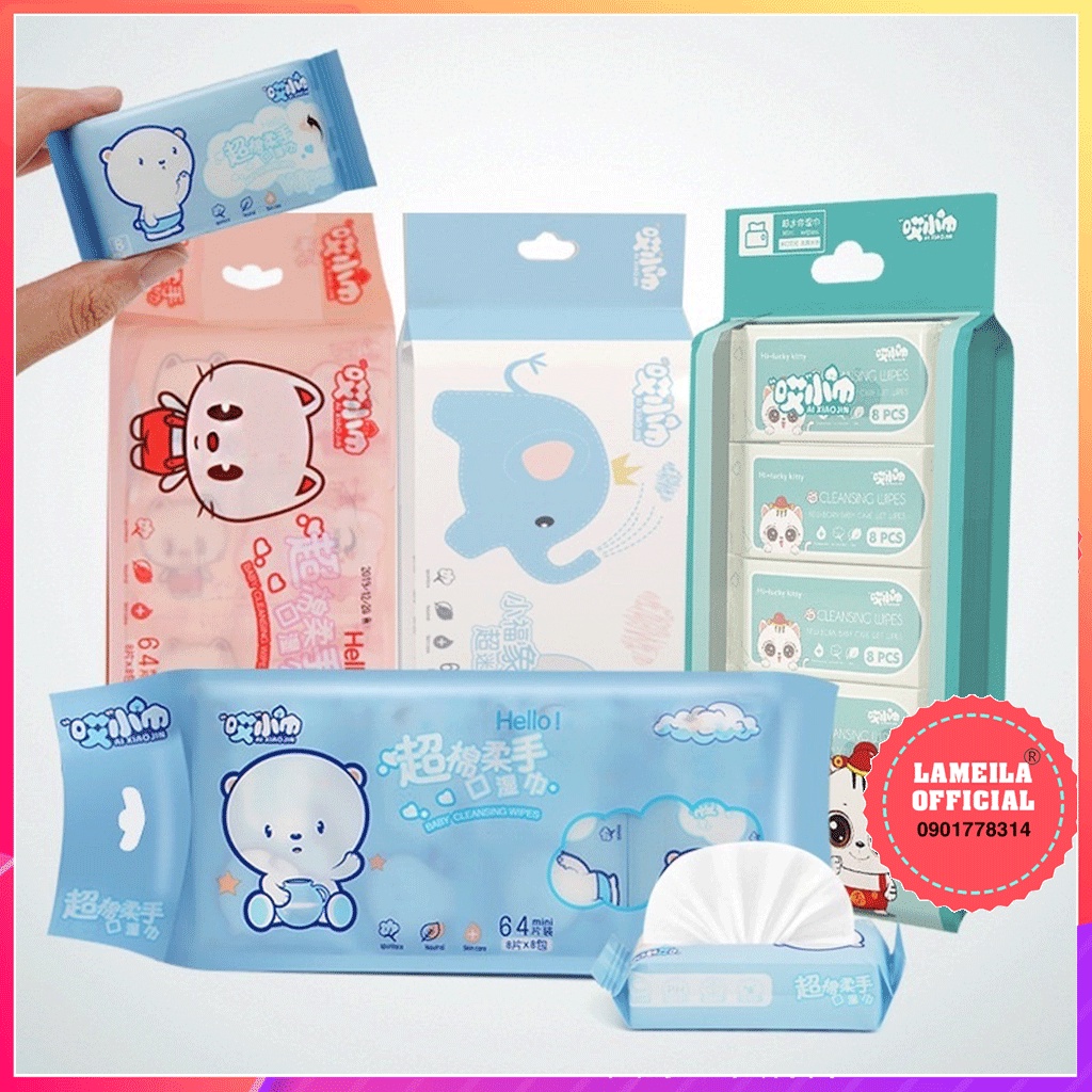 [Đủ màu] Khăn giấy ướt mini tiện lợi Túi 8 gói 64 tờ siêu xinh P0448 ...