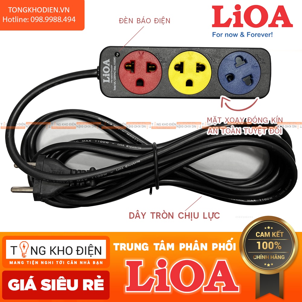 Ổ cắm điện LiOA, 3 lỗ, ~1100W/220VAC MAX 5A, dây dài 3m/5m, mã: 3TN ...