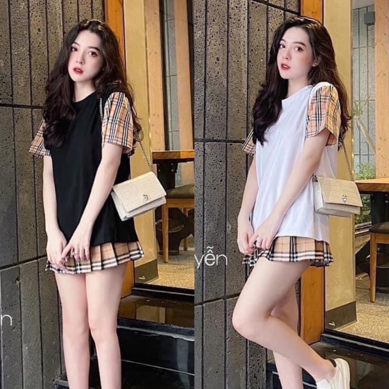 Set Váy áo thun kèm chân váy xếp ly xòe sọc bbr | Shopee Việt Nam