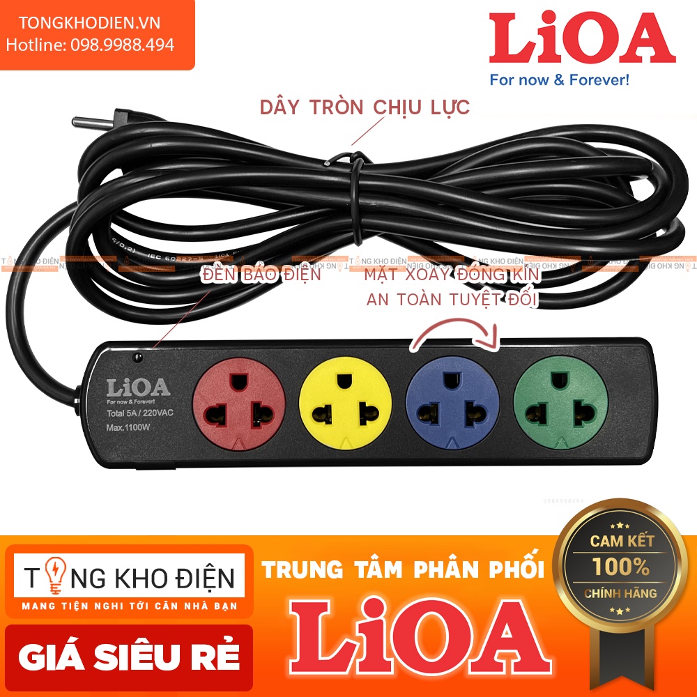Ổ cắm điện LiOA, 4 lỗ, ~1100W/220VAC MAX 5A, dây dài 3m/5m, mã: 4TN ...