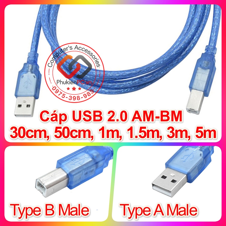 Cáp USB 2.0 AM-BM 30cm 50cm 1m 1.5m 3m 5m cho máy lập trình PLC, HMI ...