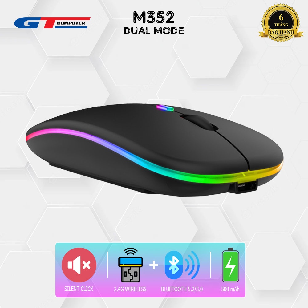 Chuột Không Dây GTECH M352 Silent RGB Kết Nối Bluetooth v5.2 & 2.4Ghz (USB) 800-1600 DPI Pin Sạc ...