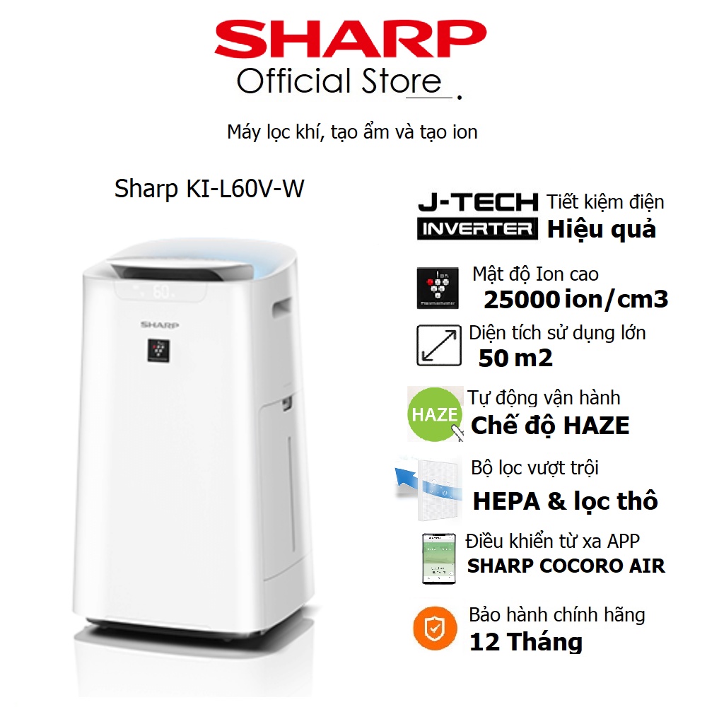 Máy lọc không khí tạo ẩm Sharp KI-L60V-W ion Plasmacluster, Inverter, Diện tích 50m2 | Shopee ...