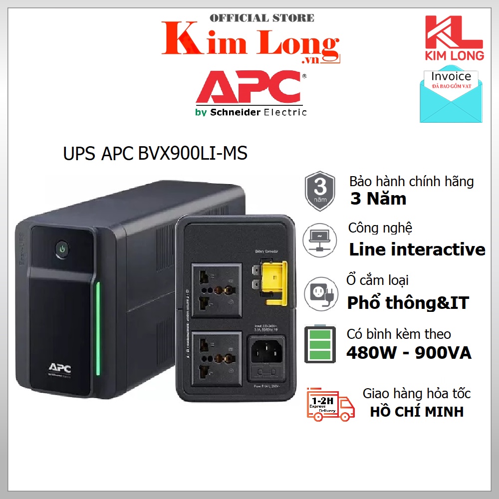 Bộ lưu điện UPS APC BVX900LI-MS 480W-900VA Bảo vệ quá tải, ngắn mạch ...