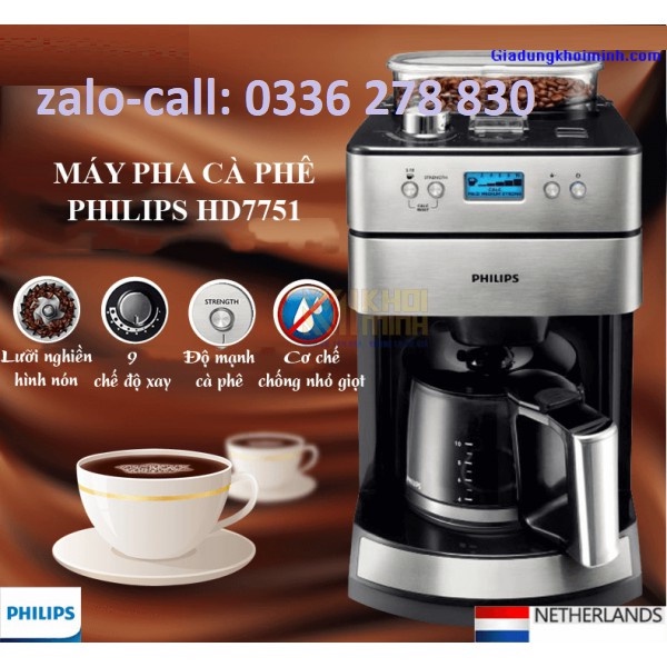 Máy xay, pha cà phê tự động, Philips chính hãng HD7751, bảo hành 1 năm ...