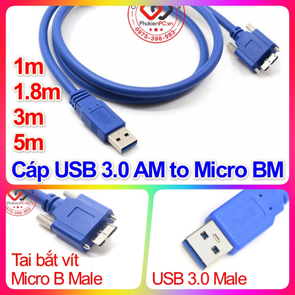 Cáp USB 3.0 AM to Micro BM USB3 Vision size 1m 1.8m 3m 5m bắt vít. cho ...