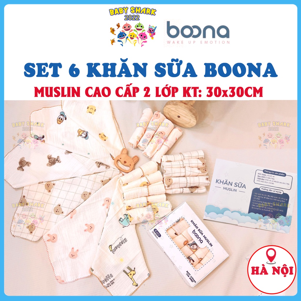 Hộp 6 khăn sữa Boona, khăn xô muslin 2 lớp cao cấp cho bé kích thước 30x30cm | Shopee Việt Nam