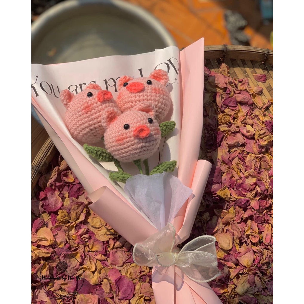 [Ảnh thật - Giá sỉ] Hoa len móc hình heo hồng/lợn hồng/đầu thú dễ ...
