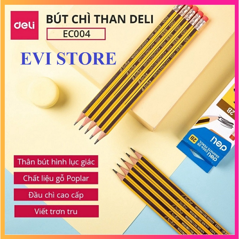 Hộp 12 bút chì 2B / HB Deli C004 / Viết chì có đầu tẩy C004-2B / C004 ...