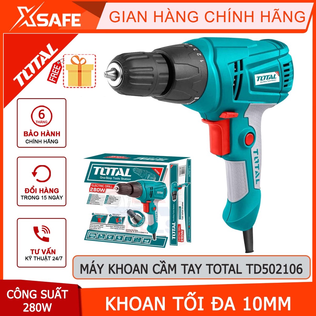 Máy khoan cầm tay TOTAL TD502106 công suất 280W tốc độ 750rpm, khả năng khoan 10mm, đầu khoan tự ...