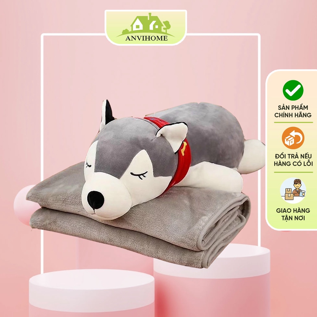 Chó Husky Chó ngáo quàng khăn đỏ nhồi bông kèm mền ANVIHOME Bộ Chăn gối ...