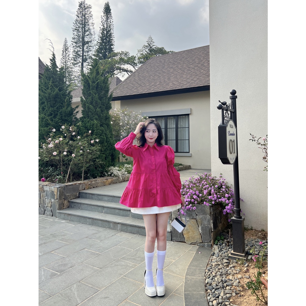 YU CHERRY | Áo sơmi tay dài form babydoll Shirred Sleeve Babydoll Shirt YA449 | Shopee Việt Nam