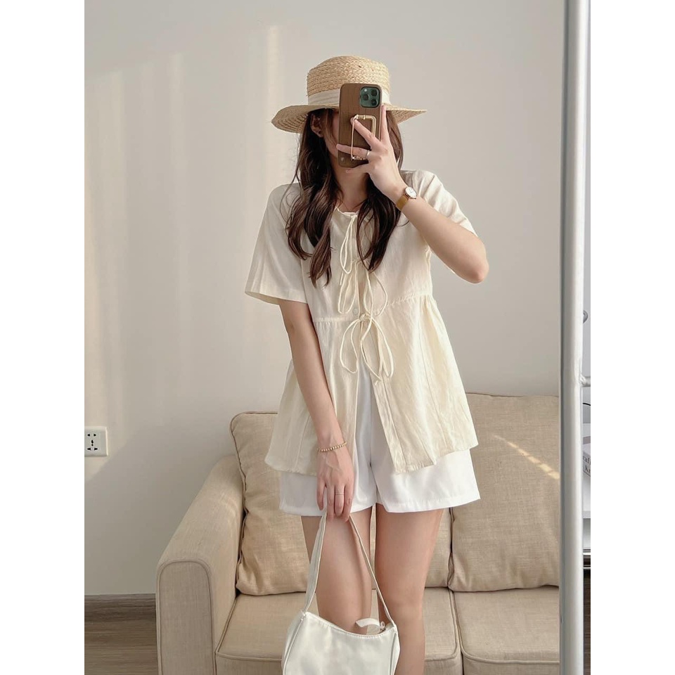 Áo sơ mi babydoll cộc tay buộc dây nơ 2 màu xinh xắn | Shopee Việt Nam
