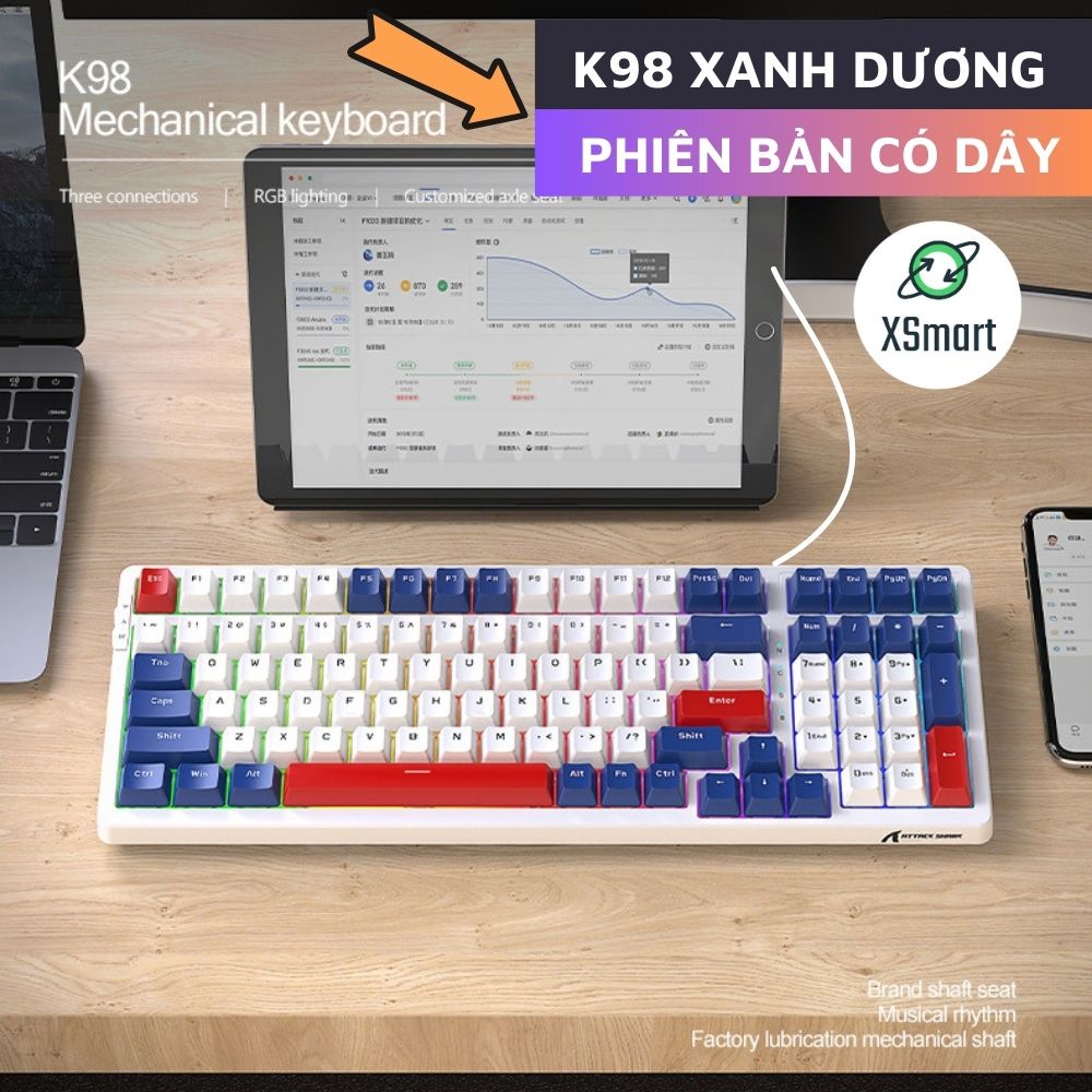 Bàn Phím Cơ Bluetooth Không Dây Full Size K98BT LED RGB VIP Gaming Shark Có HOTSWAP LÓT FOAM ...