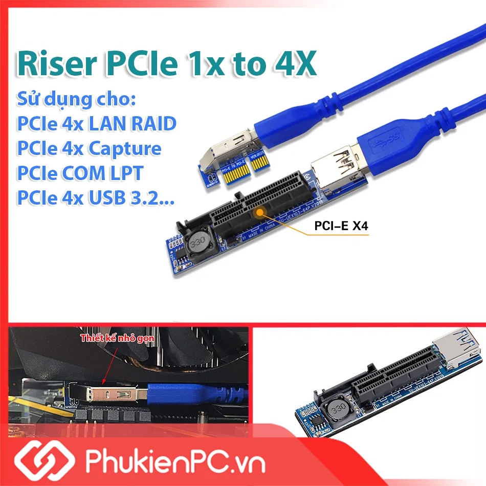 Dây cáp Riser PCIe 1X sang 4X Card LAN RAID, Capture Card VGA. chuyển ...