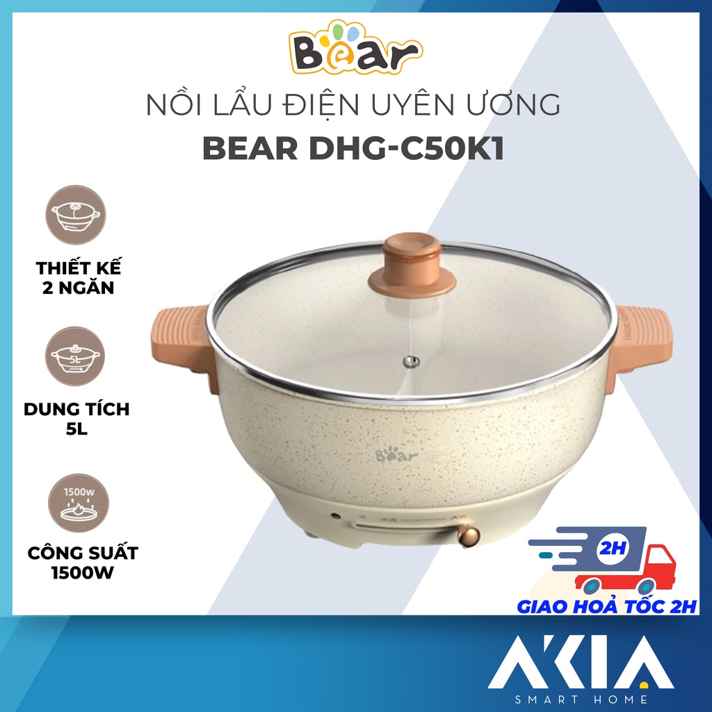 Nồi lẩu 2 ngăn Bear DHG-C50K1 - Nồi lẩu uyên ương 5 lít , chống dính, nắp kính cường lực, công ...