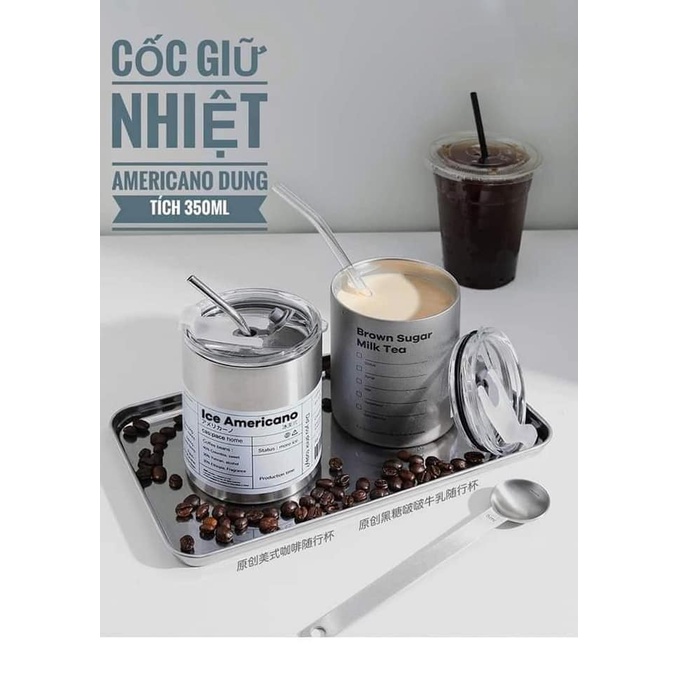 Cốc Nước Giữ Nhiệt DUNG TÍCH 350ML, Cốc Mini Iced Americano Có Ống Hút Ly Uống Coffee, Bình Giữ ...