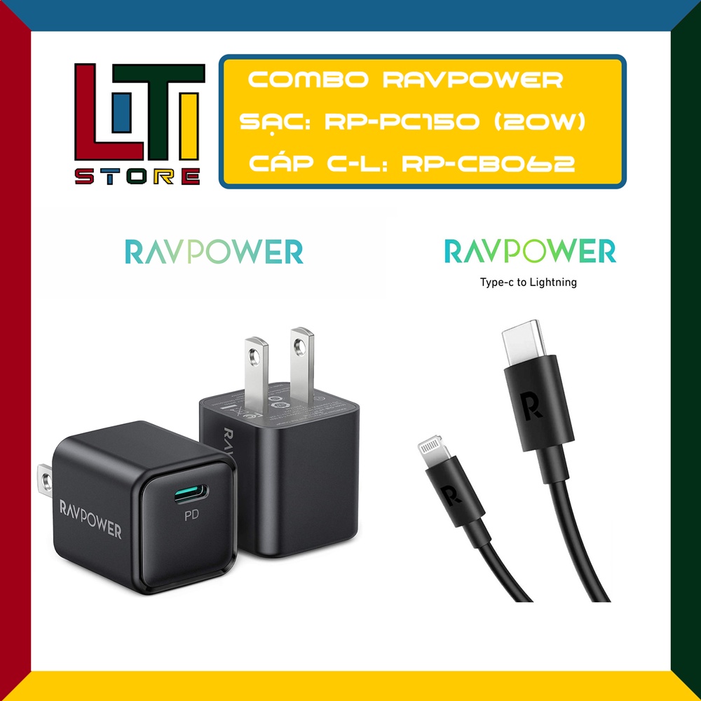 Combo bộ sạc nhanh siêu nhỏ gọn RAVPOWER RP-PC150 20w và cáp C-L ...