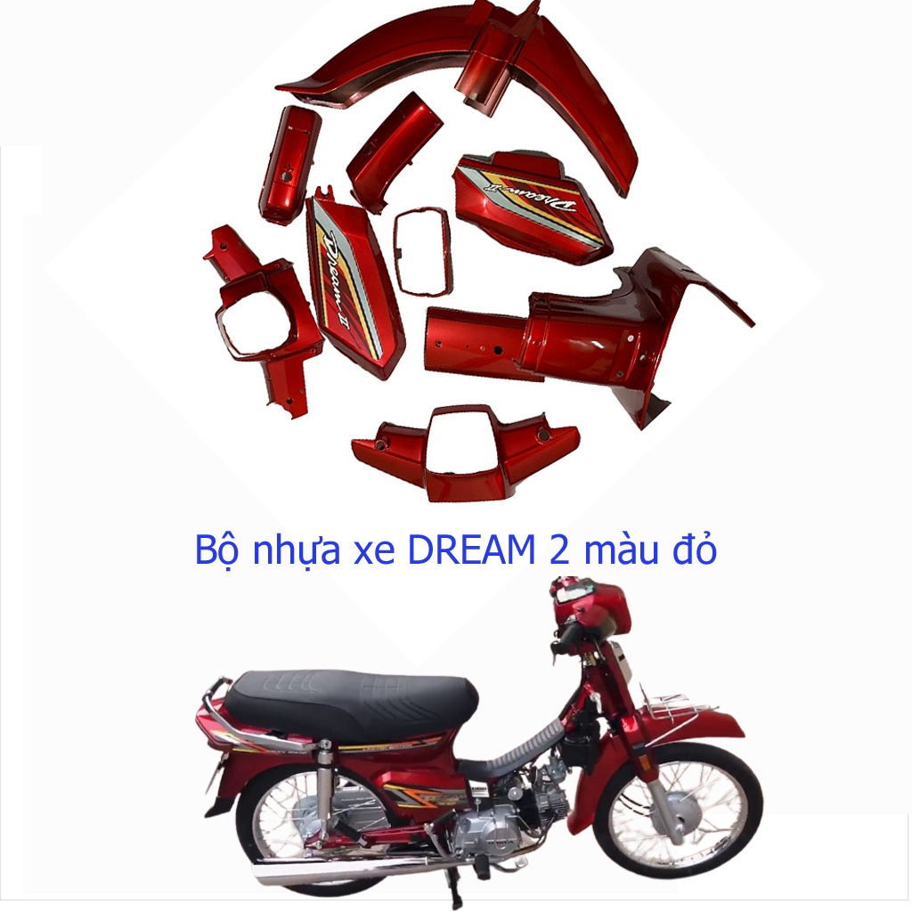 Bộ nhựa xe Dream II màu Đỏ cờ [TẶNG TEM] Dàn áo xe Dream 2 màu đỏ cờ ...