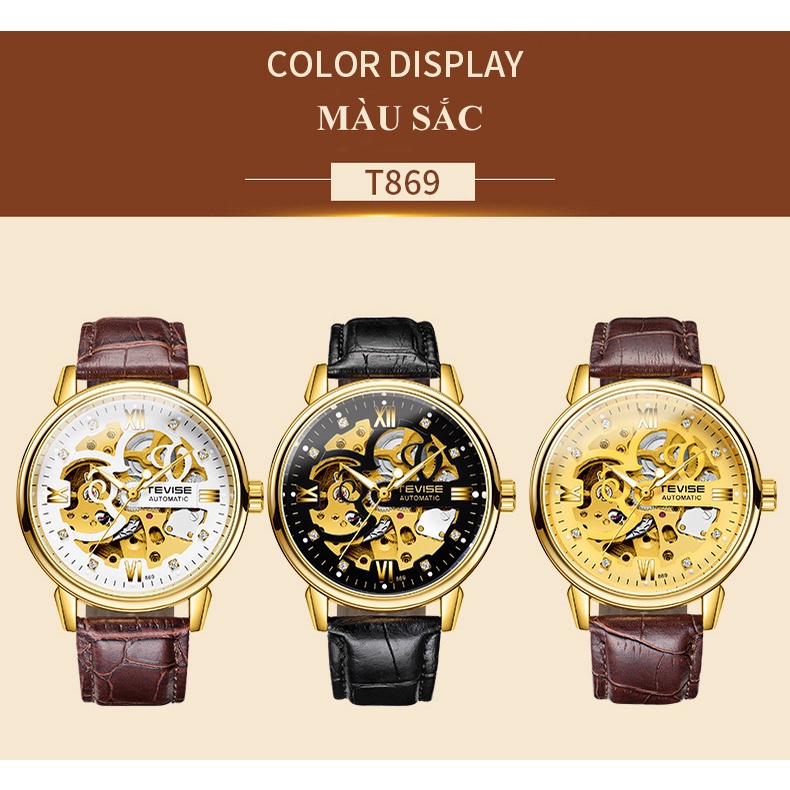 Đồng hồ cơ nam dây da cao cấp Tevise T869 full box, mặt kính sapphire ...
