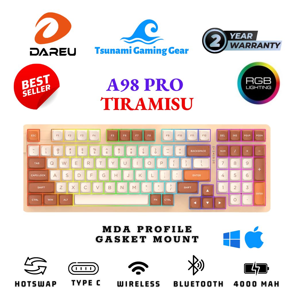 Phím cơ DareU A98 Pro - Tiramisu | RGB | Hotswap | Bluetooth | Wireless | Type C | Shopee Việt Nam