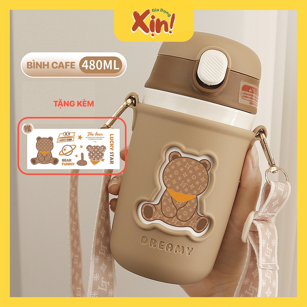 Bình giữ nhiệt 480ml, bình giữ nhiệt cà phê inox 316 chống tràn, tặng kèm quai đeo và sticker 2D ...