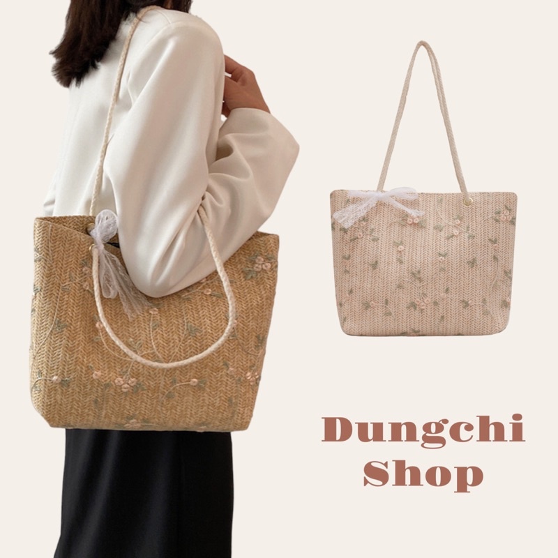 Túi cói đeo vai hoạ tiết hoa nhí nơ ren TCR01 | Shopee Việt Nam