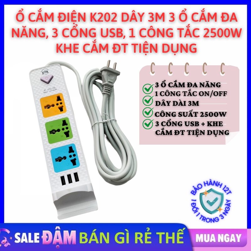 Ổ Cắm Điện Dài K202 3 ổ Cắm Đa Năng 3 Cổng Usb Tính Năng Sạc Nhanh, Dây ...