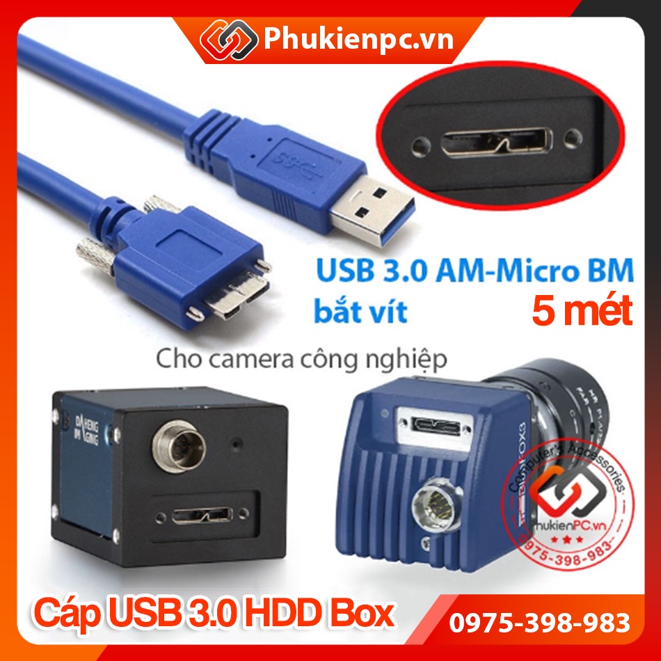 Cáp USB 3.0 Male to Micro B Male dài 5m, bắt vít cho HDD Box SSD Box ...