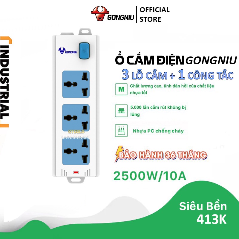 Ổ cắm điện đa năng 413K GONGNIU 3 lỗ cắm 1 công tắc siêu chịu tải 2500W, an toàn chống cháy ...