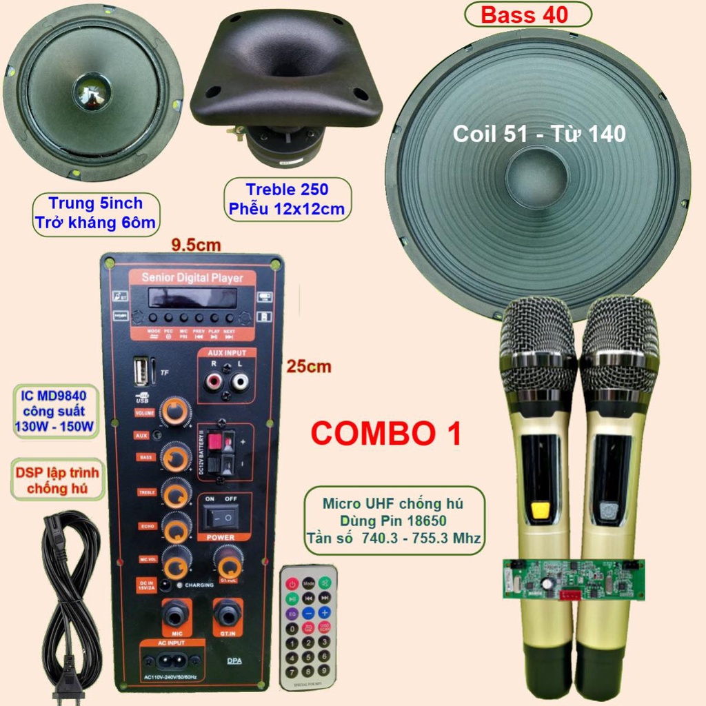 Mạch loa kéo 4 tấc đơn 3 đường tiếng DSP lập trình chống hú IC MD9840 ...