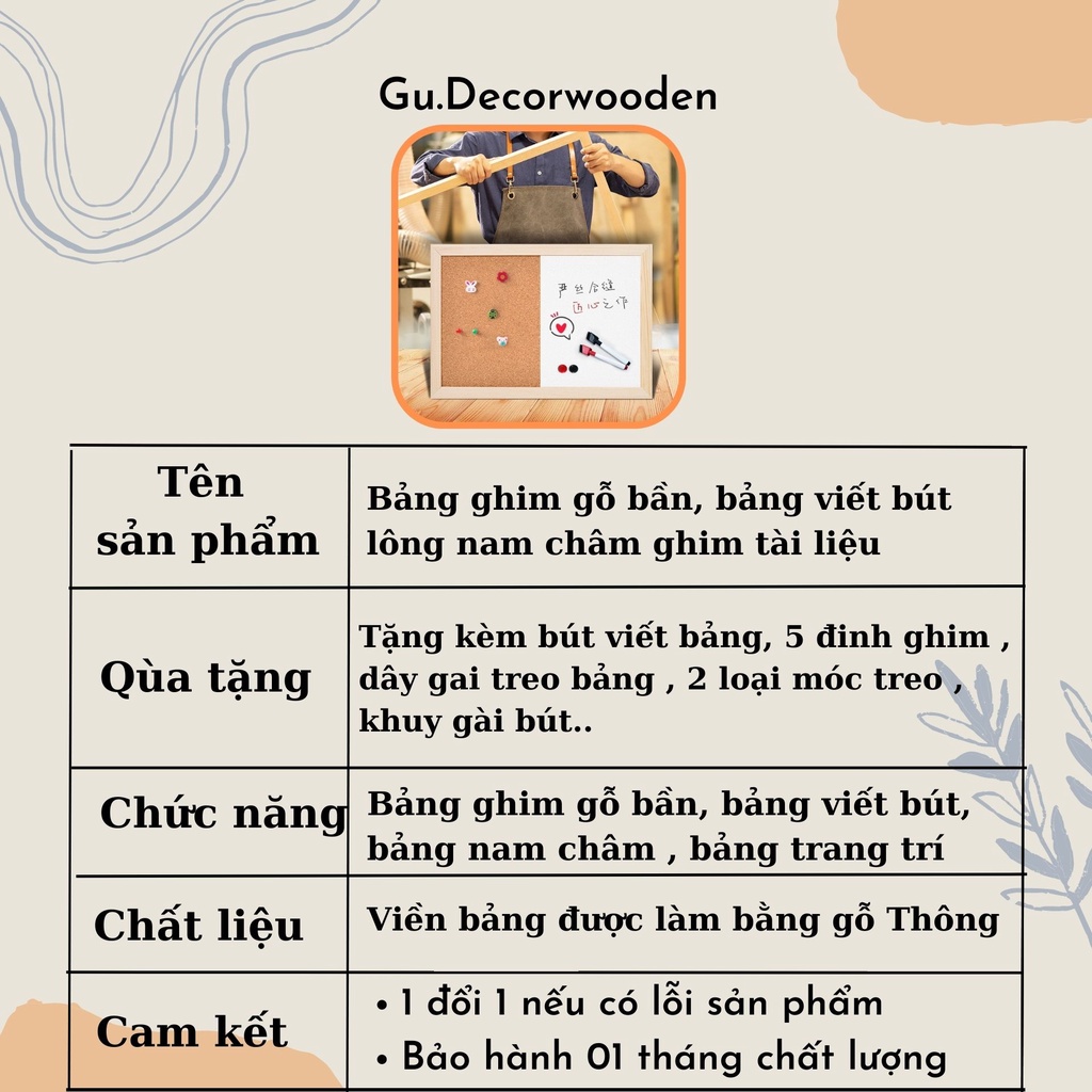 Bảng ghim gỗ bần, bảng viết bút lông nam châm giấy note ghim tài liệu ...
