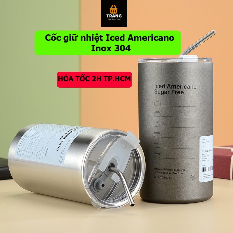 Cốc giữ nhiệt iced americano 600ml inox 304 cao cấp không gỉ, ly giữ nhiệt có ống hút tiện lợi ...