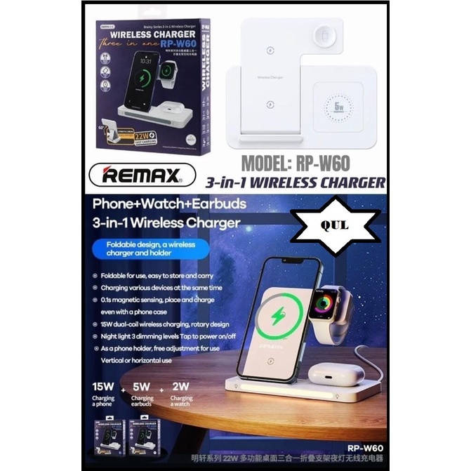 Đế sạc không dây 3in1 Remax RP-W60 Thế Hệ Mới Sạc điện thoại ,đồng hồ, tai nghe không dây công ...