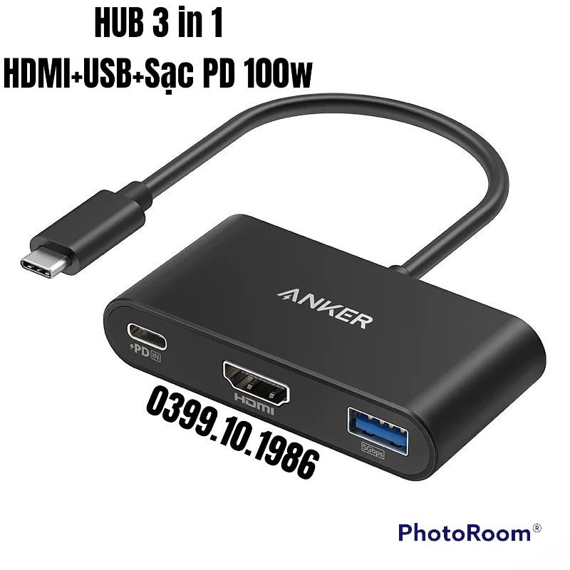 Bộ chia cổng Hub Anker PowerExpand 3in1 Type C HDMI + PD 100W + USB3.0 Chia Cổng Đa Năng - A8339 ...