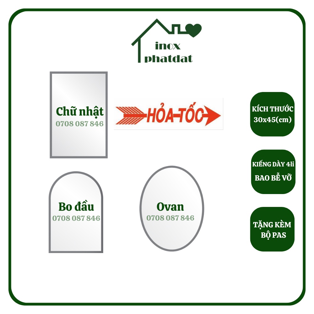 Gương soi treo tường PHÁT ĐẠT (30x45/đủ hình dáng) dày 4li tặng kèm pas ...
