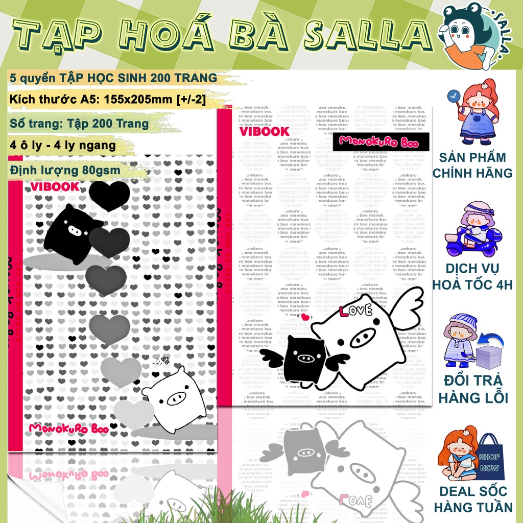 Lốc 5 Quyển Tập Vở A5, Tập học sinh 200 trang Monokuro Boo (Heo boo ...