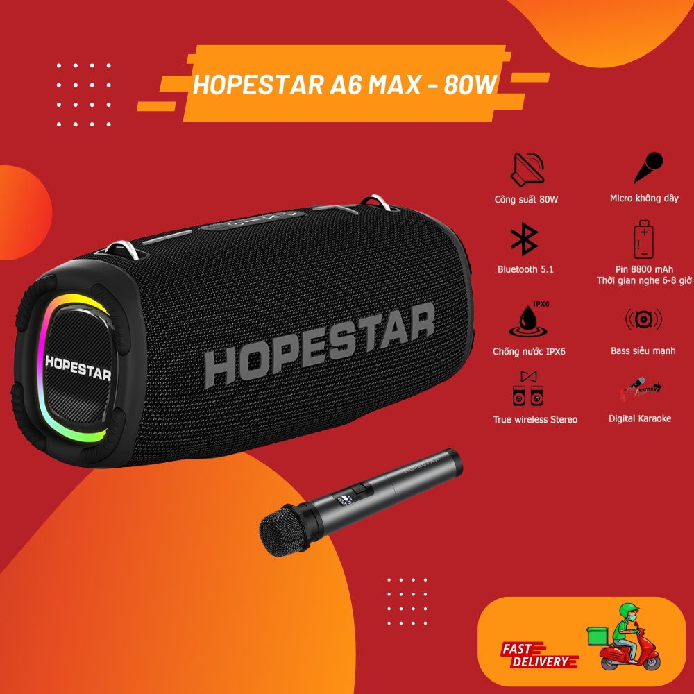 Loa Bluetooth Karaoke Hopestar A6 Max 80W siêu trầm, Micro không dây UHF, chống nước IPX6, TWS ...