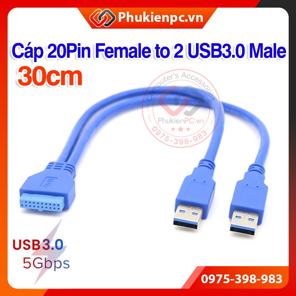 Cáp chuyển đổi USB 3.0 20pin Female to 2 port USB 3.0 Male. Cho máy ...
