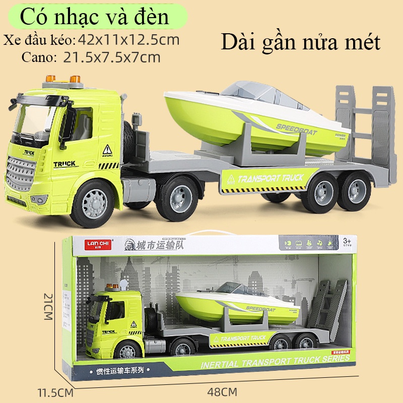 Đồ chơi xe đầu kéo sơ mi rơ moóc chở cano chạy đà có nhạc và đèn dài ...