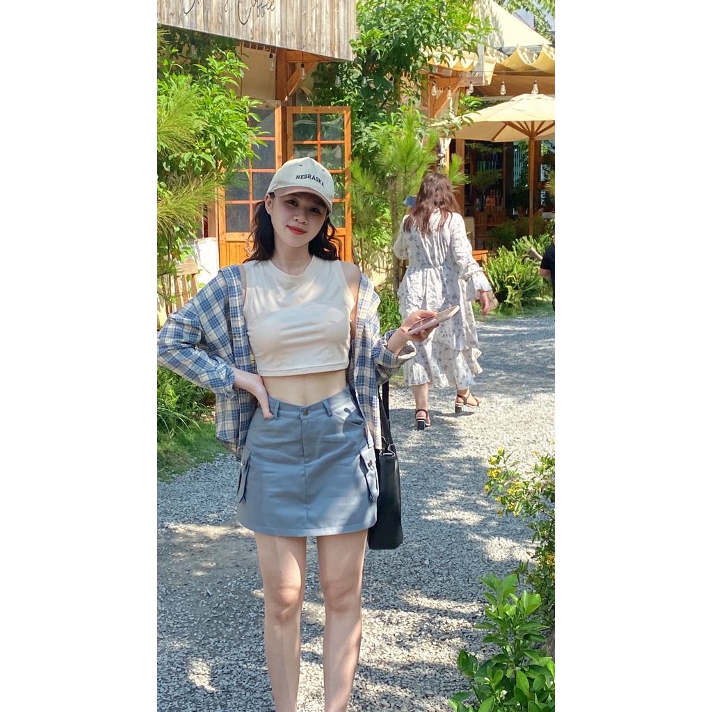 SET SƠ MI CARO 3 MÓN: ÁO SƠ MI + ÁO BA LỖ TRẮNG + CHÂN VÁY TÚI HỘP RÊU | Shopee Việt Nam
